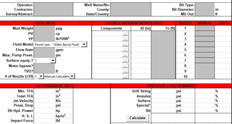 Drilling Hydraulics Calculator Excel Spreadsheet - Drilling Manual